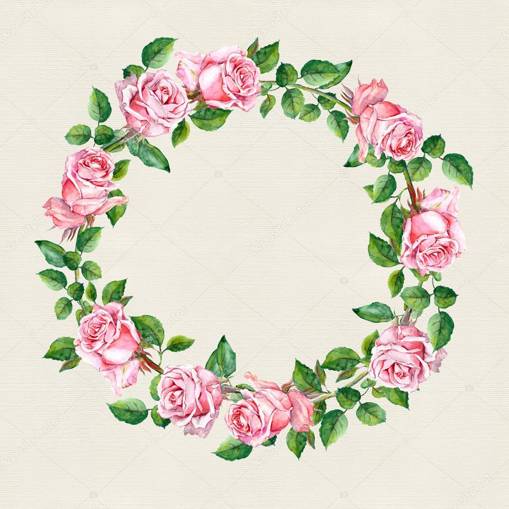Rose flower wreath. Floral circle border on paper texture. Water color ...