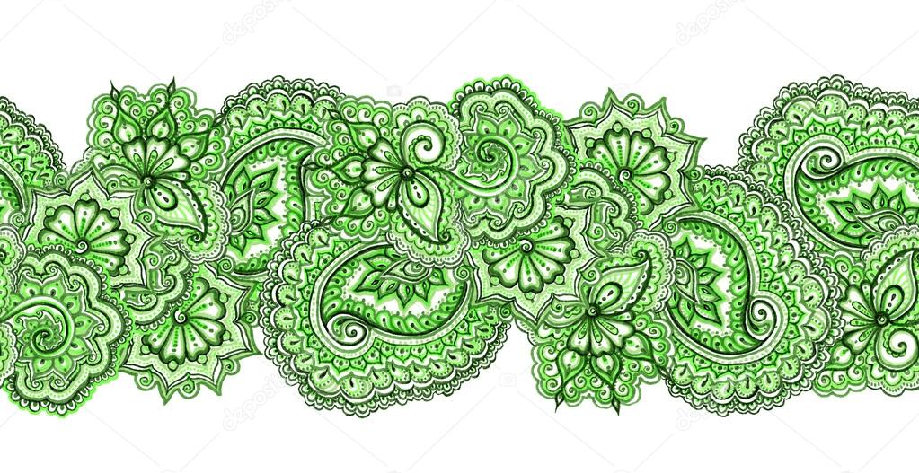 Ornate spring repeating border pattern. Green indian embroidery banner ...