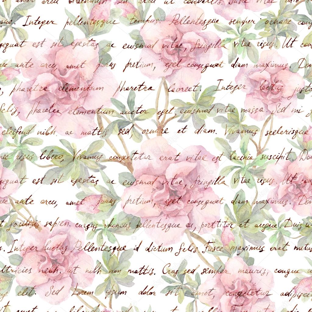 Pink camelia flowers and vintage ink text letter. Watercolor. Repeating ...