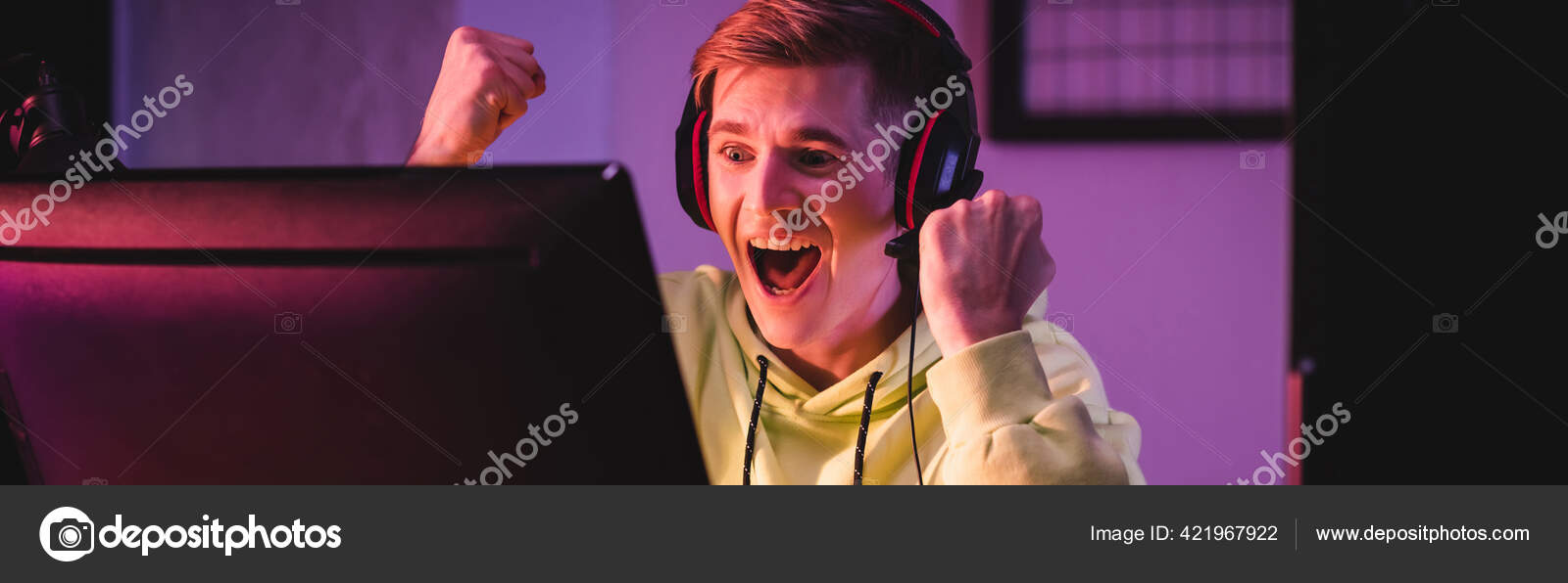 Cheerful Gamer Headset Showing Yeah Gesture Computer Blurred Foreground ...