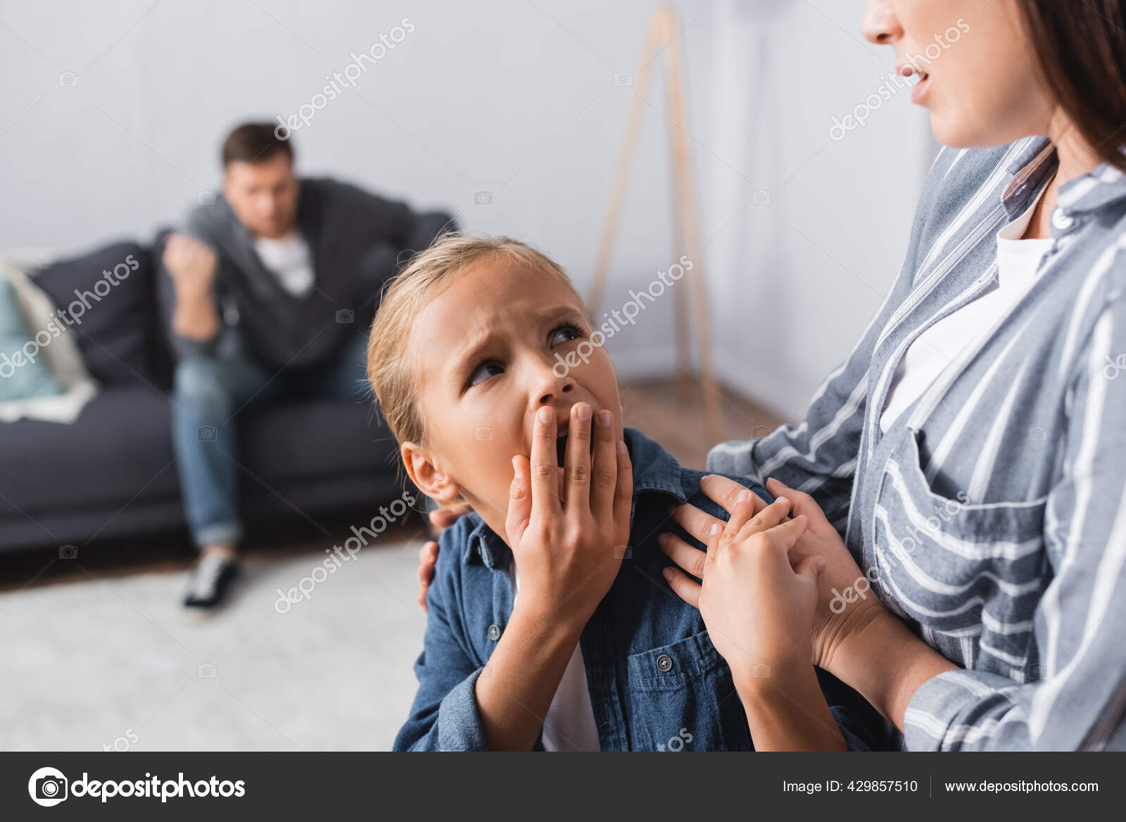 Woman Hugging Scared Kid Abusive Husband Blurred Background Home Stock ...