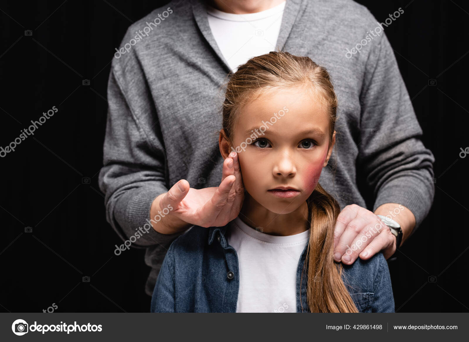 Abusive Father Hugging Touching Cheek Daughter Bruise Isolated Black ...
