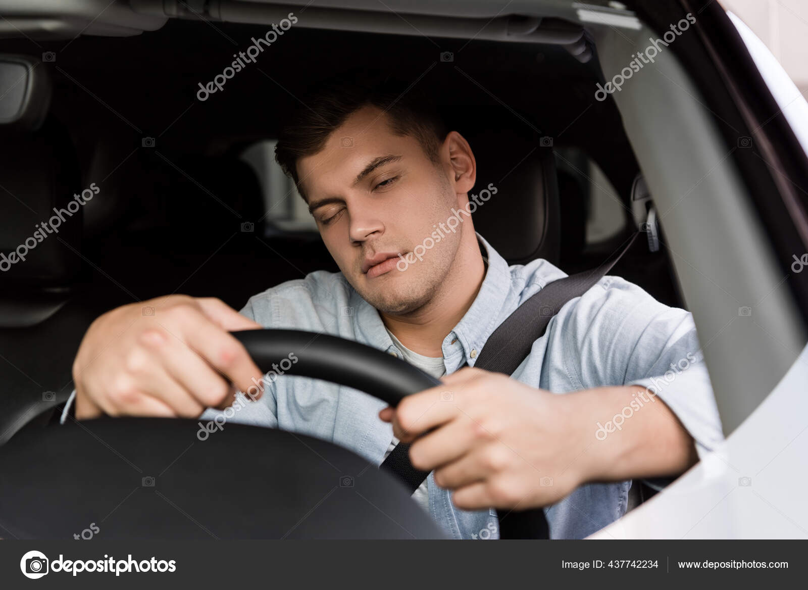Drunk Man Falling Asleep While Driving Car Blurred Foreground — Stock ...