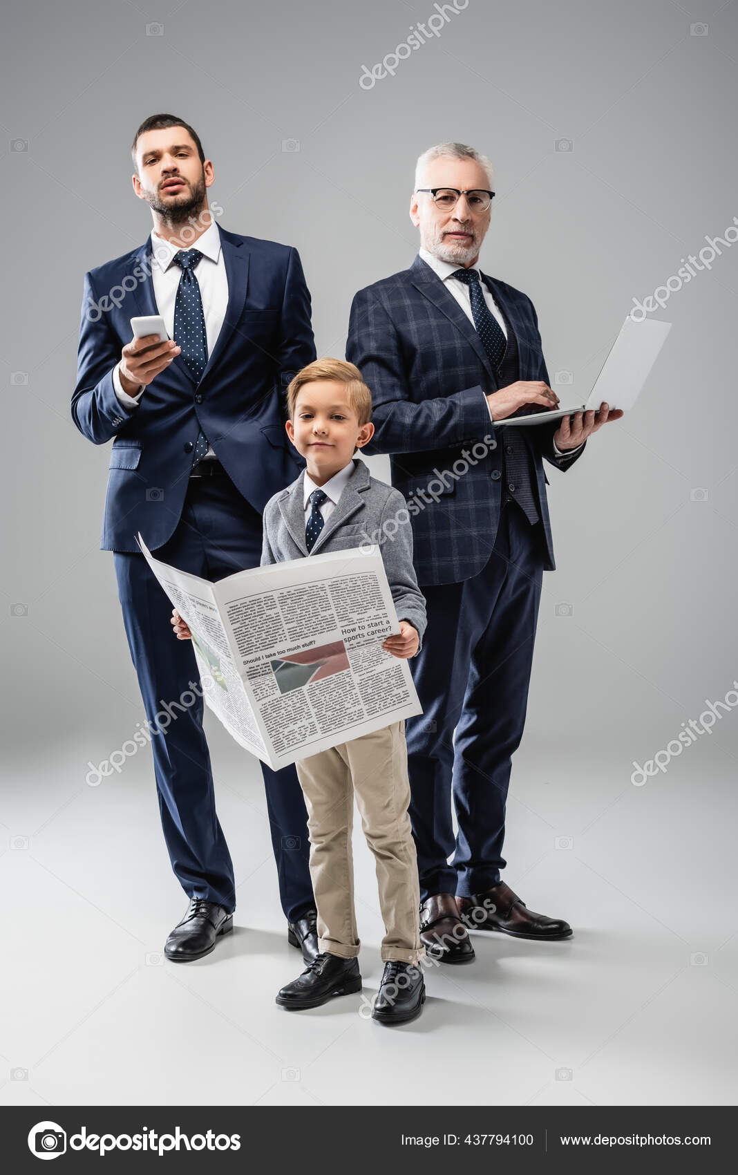 Smiling Boy Newspaper Looking Camera Dad Grandfather Holding Gadgets ...