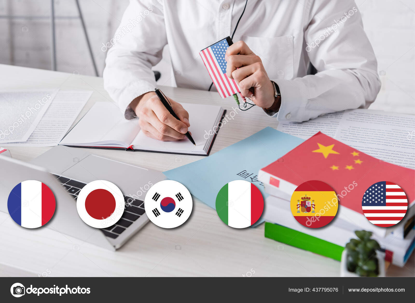 Cropped View Interpreter Working Digital Translator Paper Hieroglyphs ...