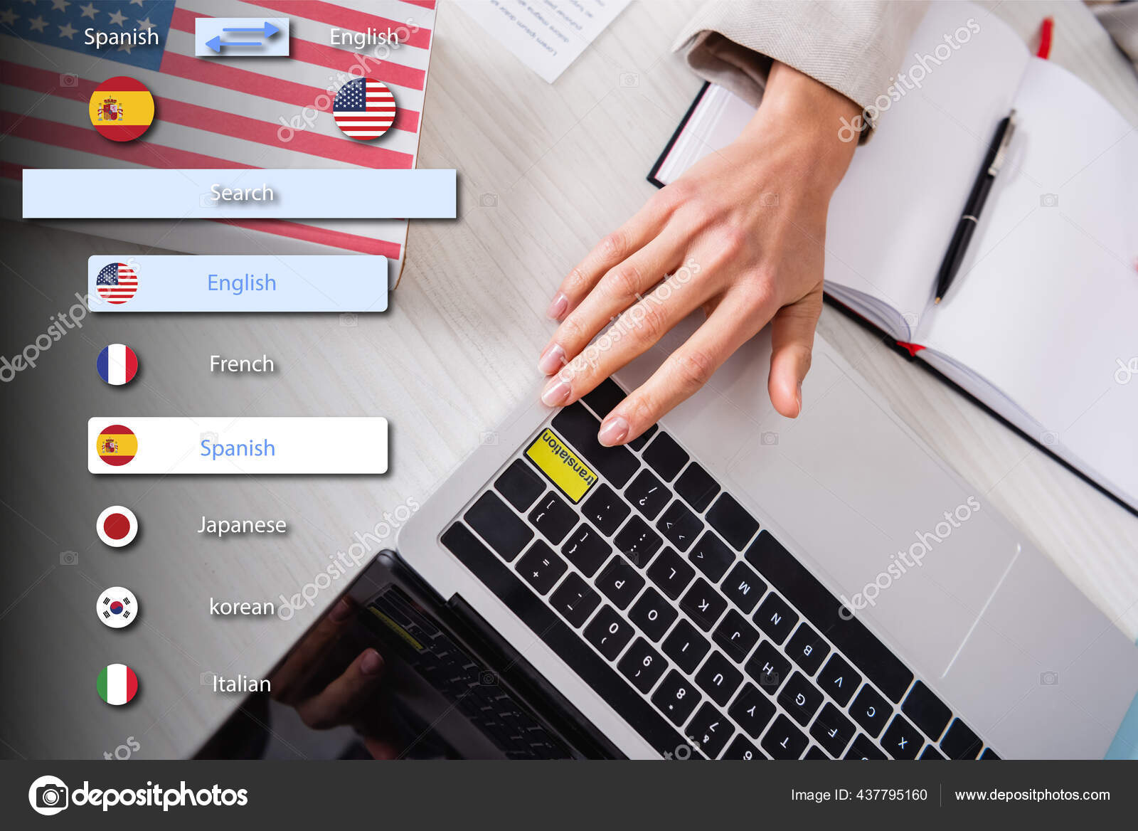 Partial View Interpreter Pressing Translation Key Laptop Illustration ...