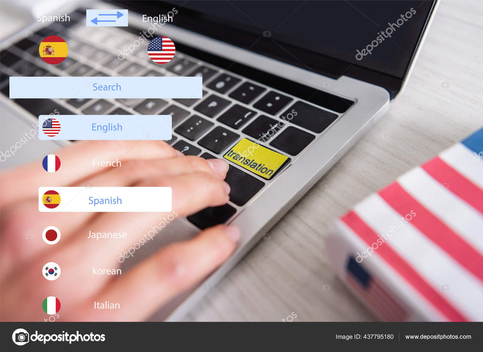 Cropped View Interpreter Pressing Translation Key Laptop Blurred ...