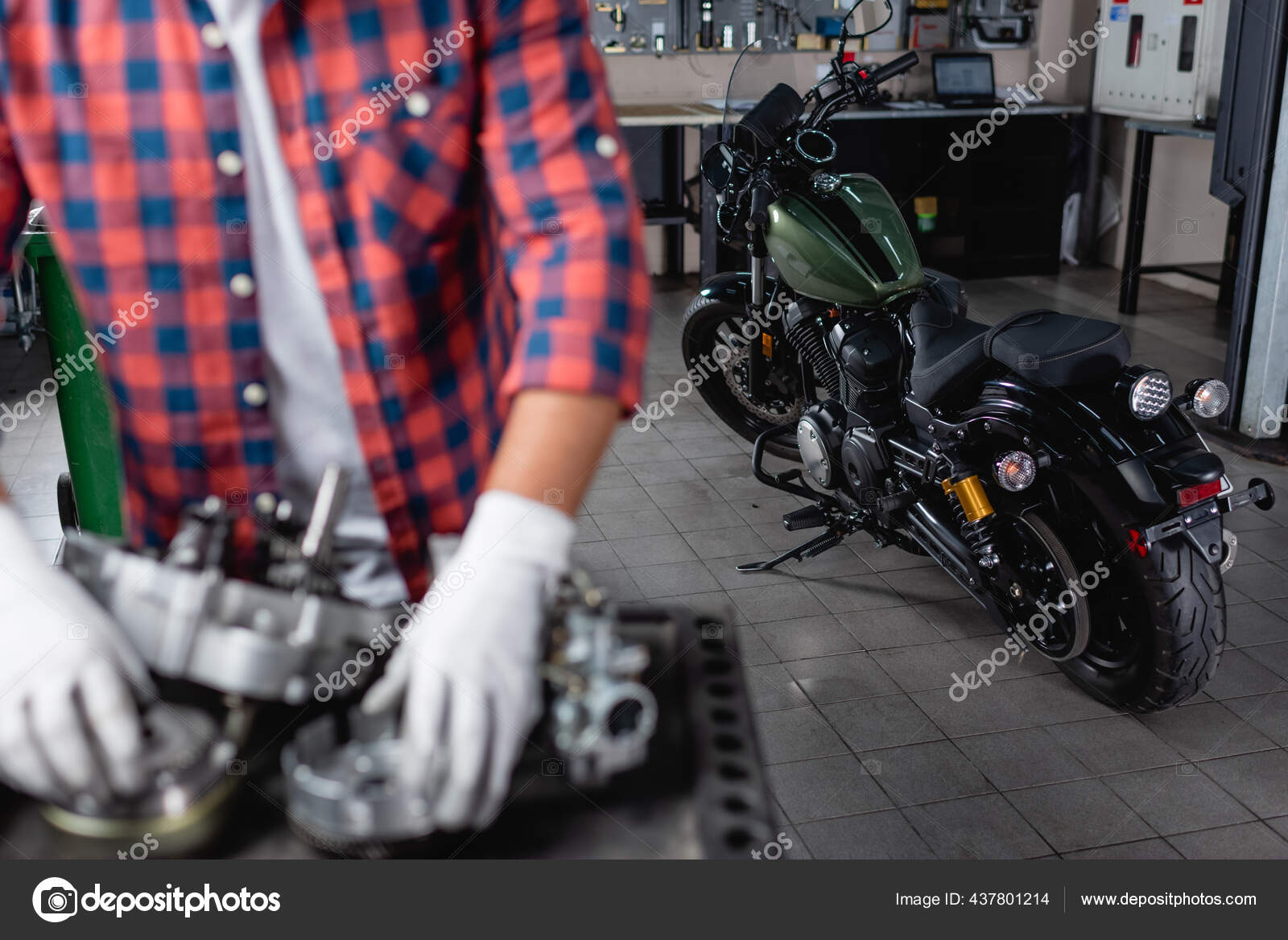 Selective Focus Motorcycle Mechanic Disassembled Gearbox Blurred ...