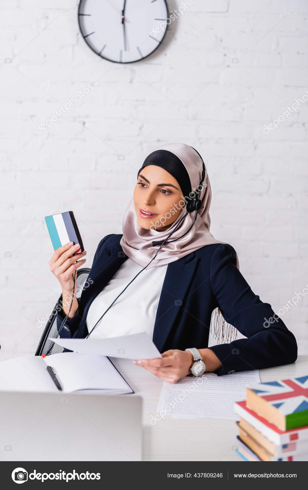 Arabian Interpreter Holding Document Digital Translator Uae Flag Emblem ...