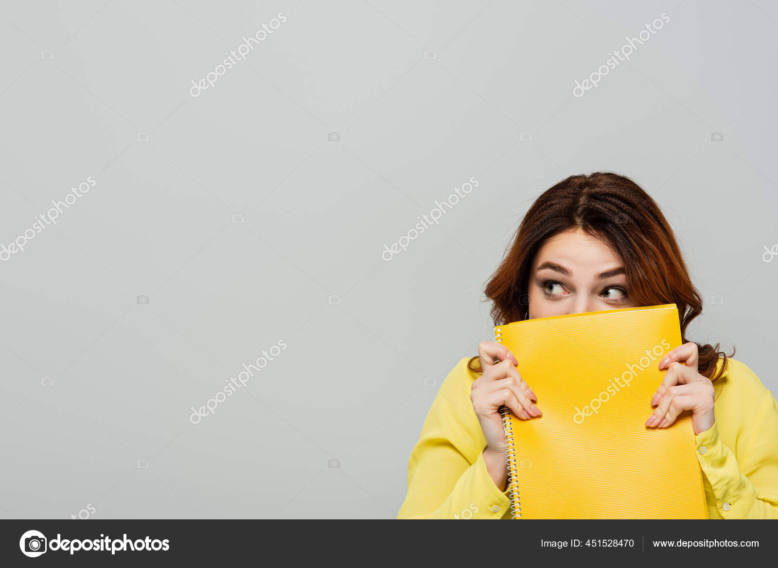 Scared Woman Looking Away While Obscuring Face Notebook Isolated Grey ...