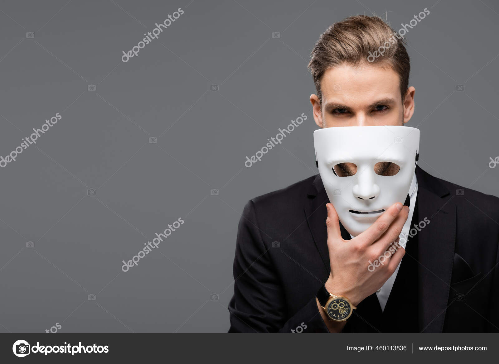 Businessman Holding Mask Face While Looking Camera Isolated Grey ...
