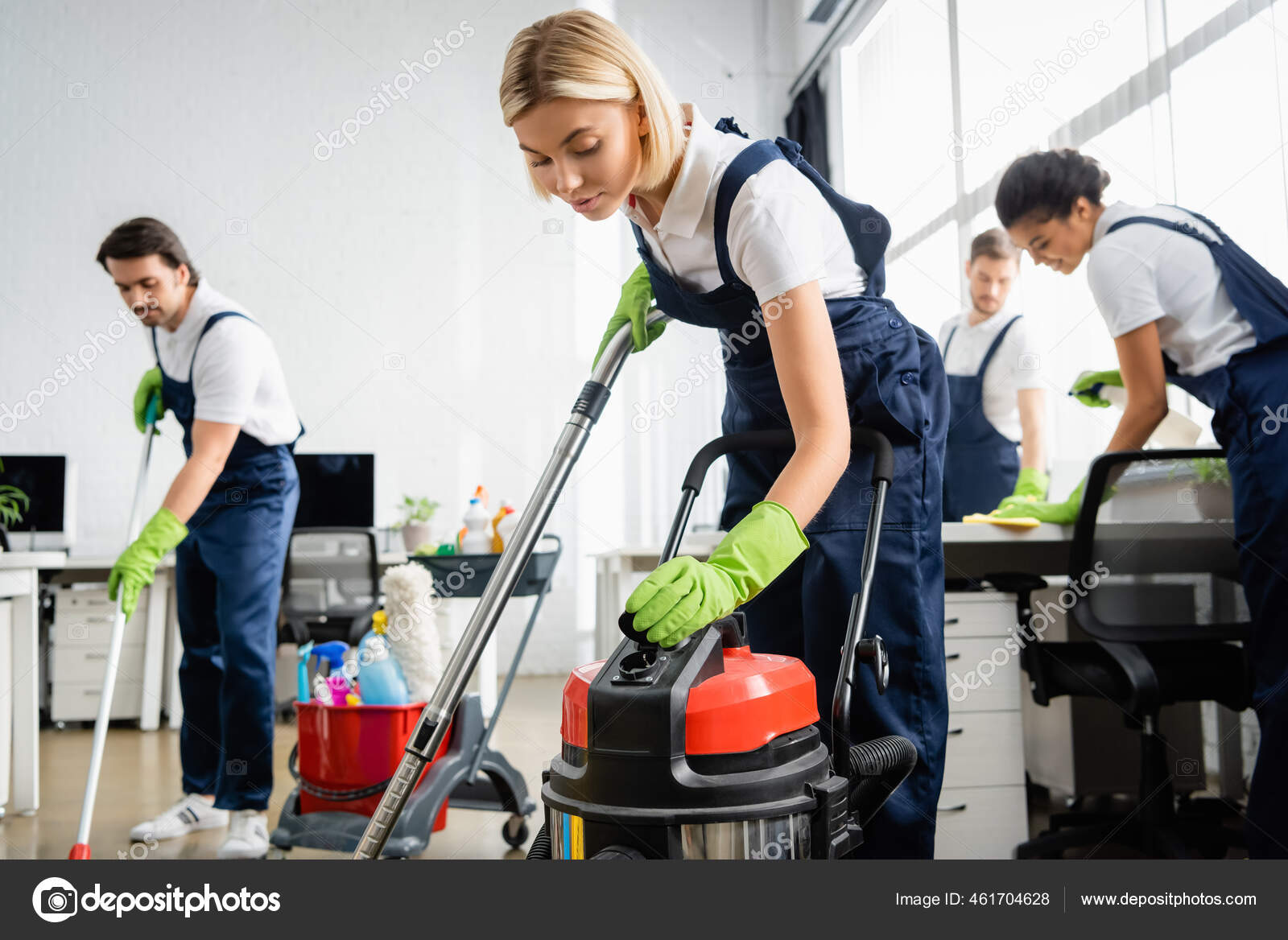 Cleaner Overalls Using Vacuum Cleaner Multiethnic Colleagues Office ...