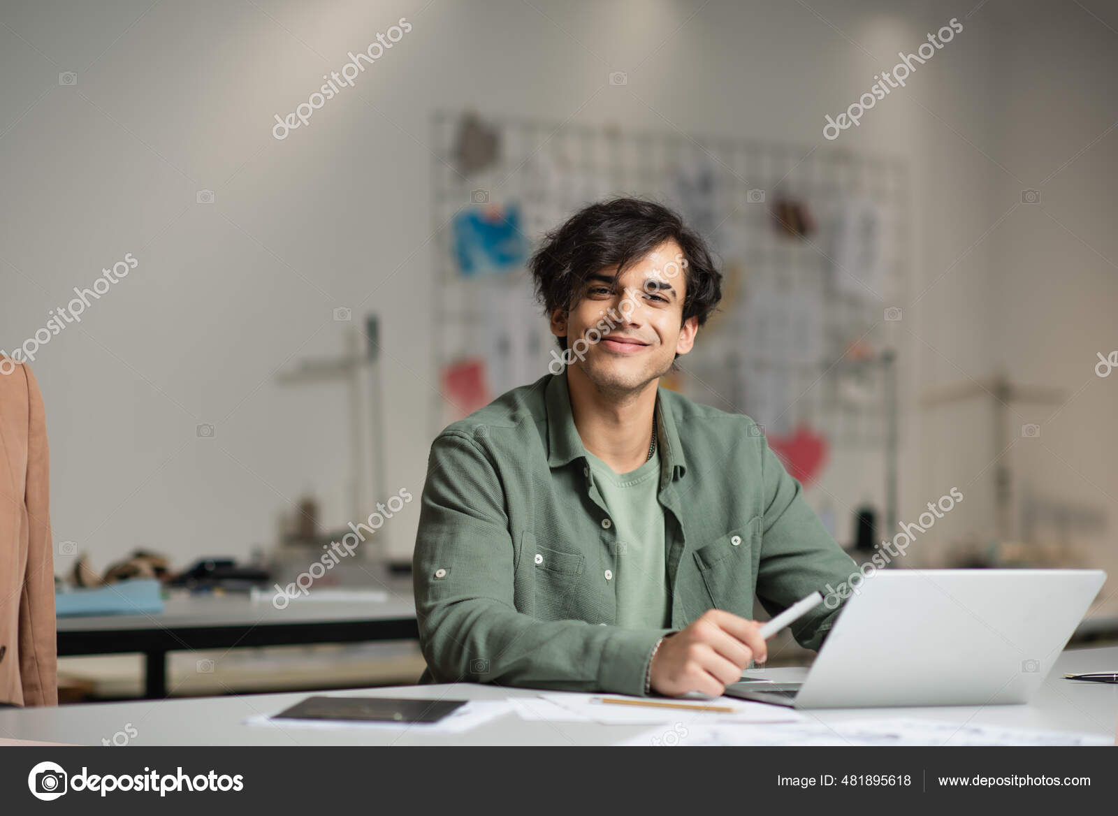 Cheerful Designer Smiling Camera Laptop Fashion Workshop — Stock Photo ...