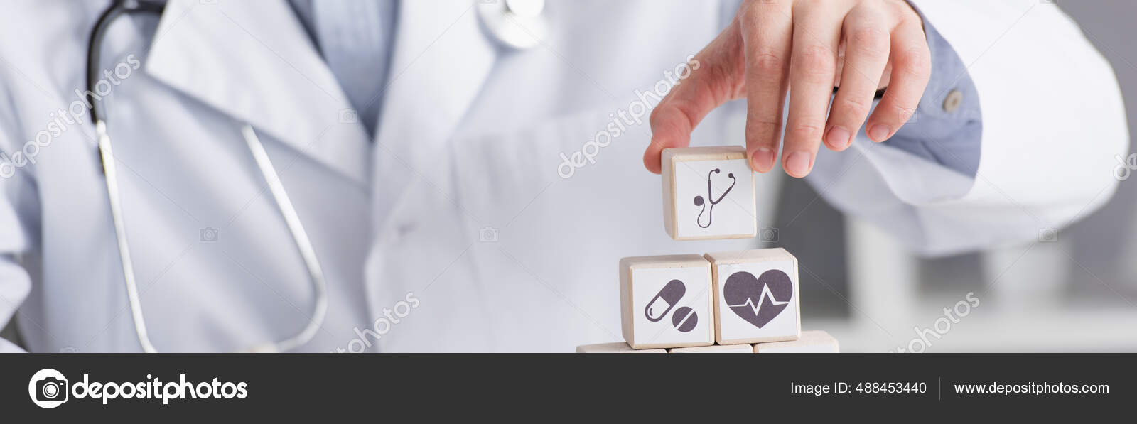Partial View Doctor Making Pyramid Cubes Medical Icons Banner — Stock ...