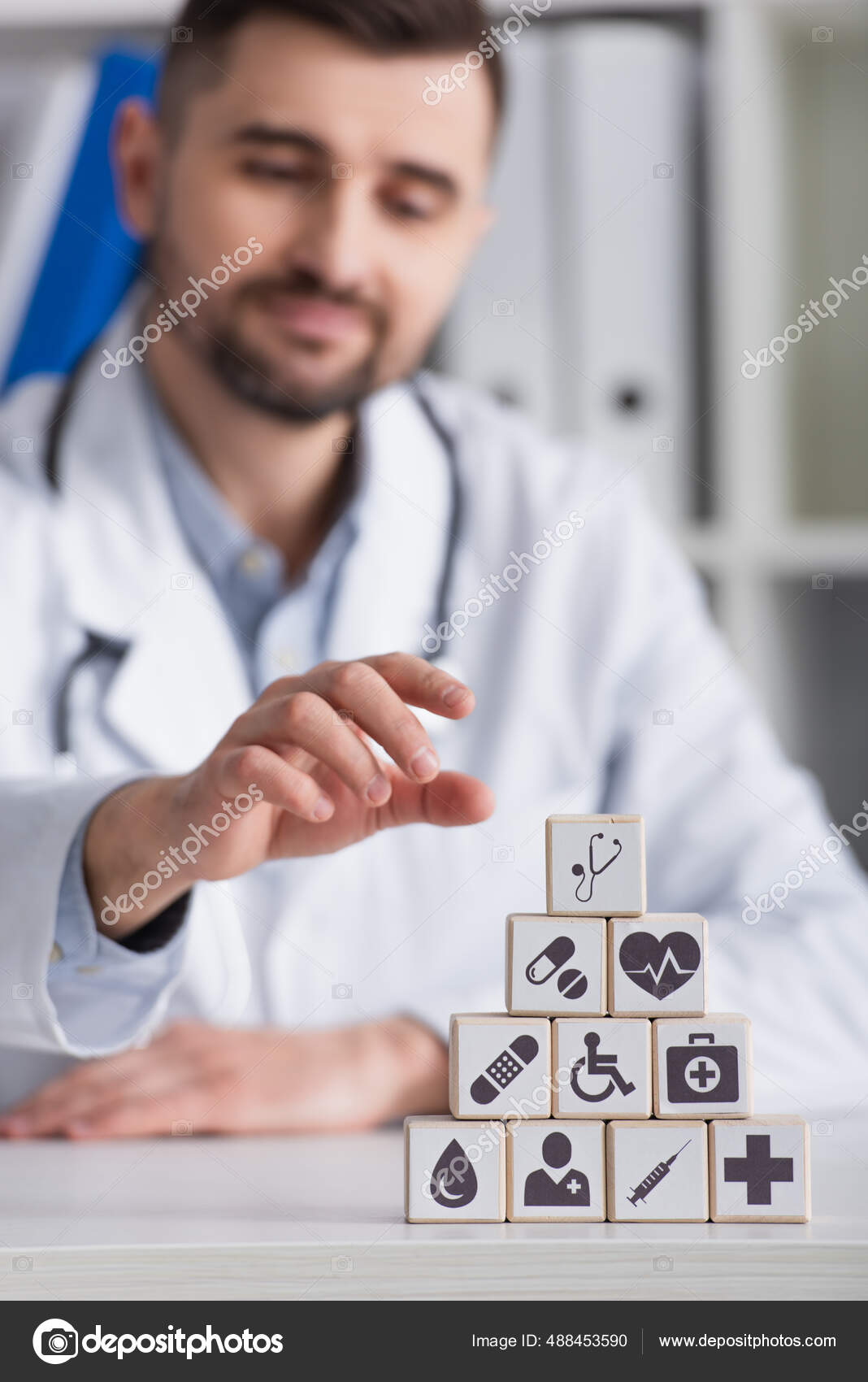 Blurred Doctor White Coat Cubes Medical Symbols Desk Workplace Stock ...