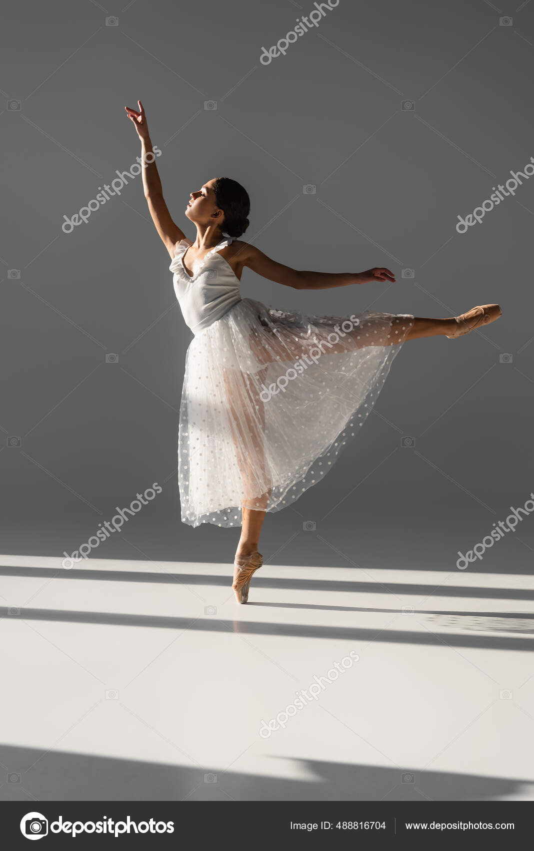 Side View Elegant Ballerina Dancing Grey Background Sunlight Stock ...