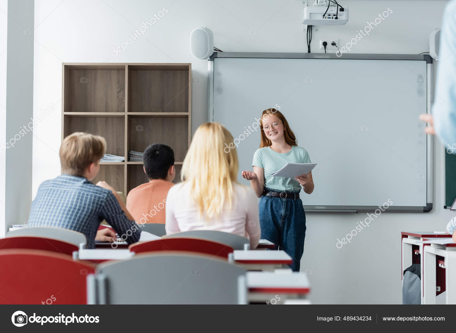 Smiling Schoolkid Notebook Talking Erase Board Classmates Stock Photo ...