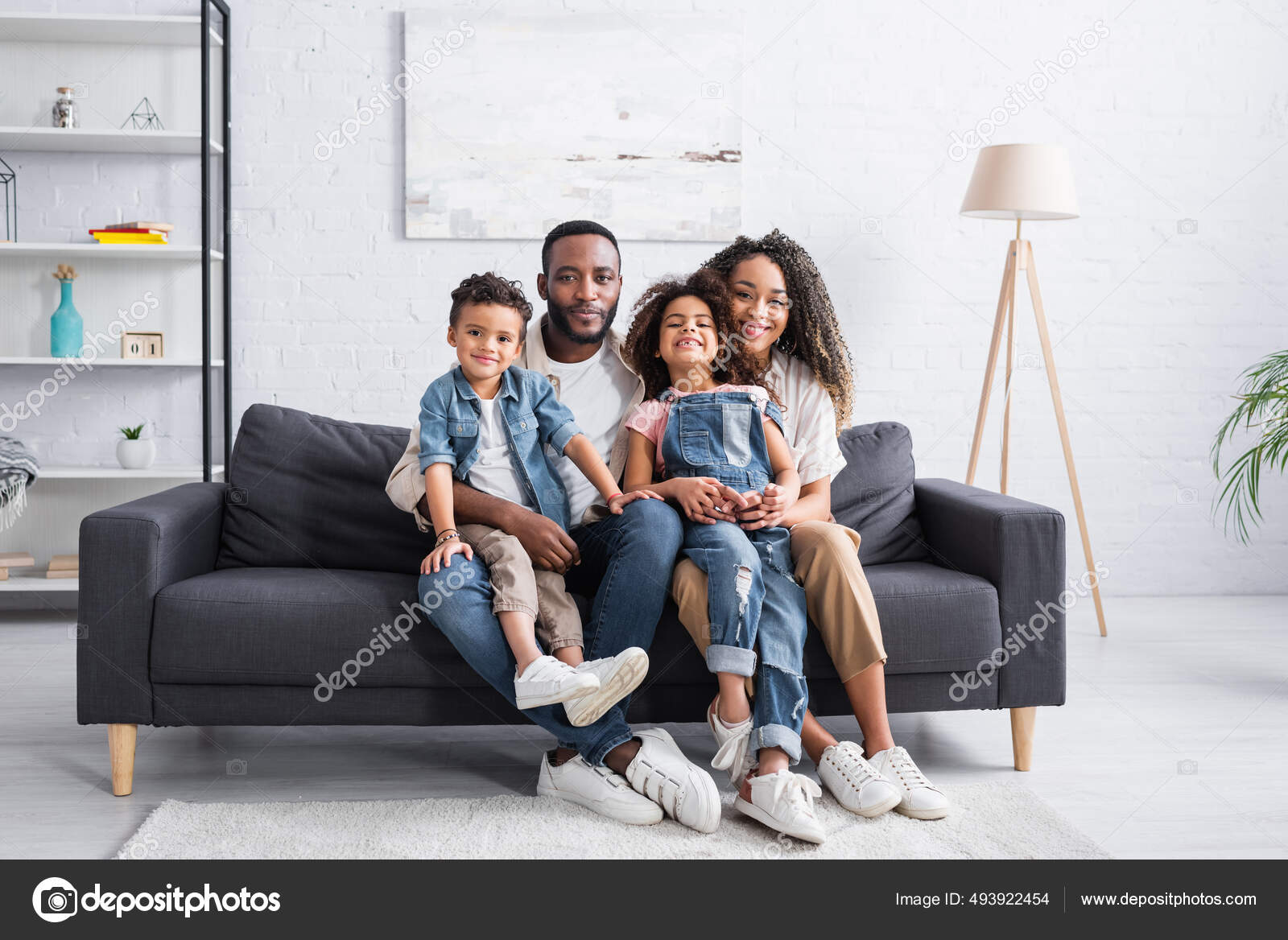 Happy African American Family Sitting Sofa Home Looking Camera — Stock ...