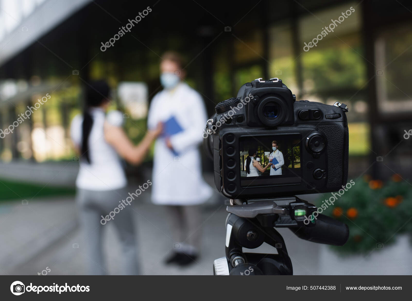 Digital Camera Asian Reporter Holding Microphone Doctor Medical Mask ...