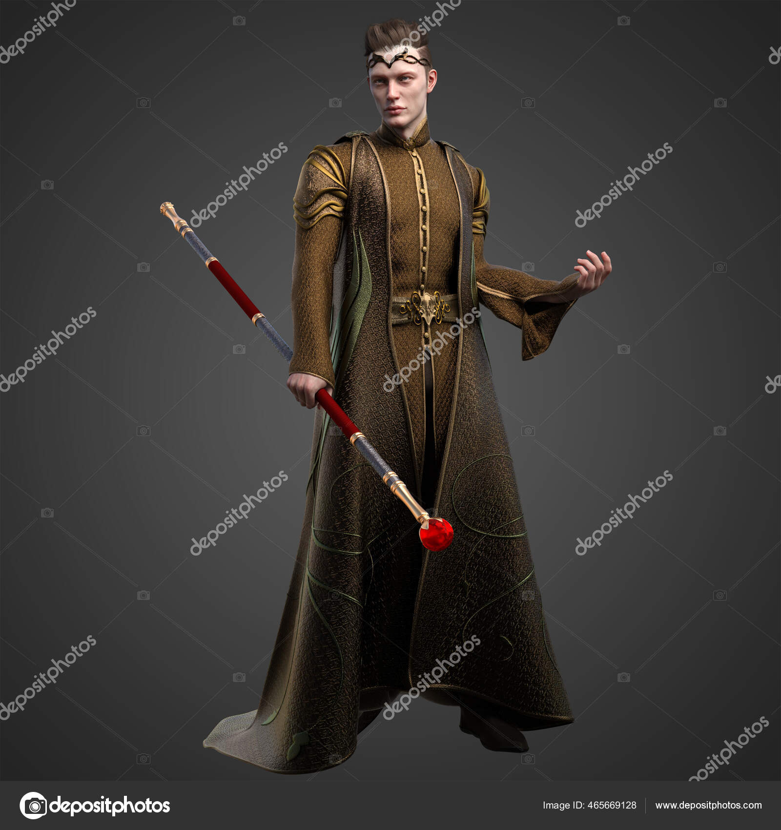 Rendering Illustration Handsome Sexy Fantasy Wizard Mage Warlock Golden ...