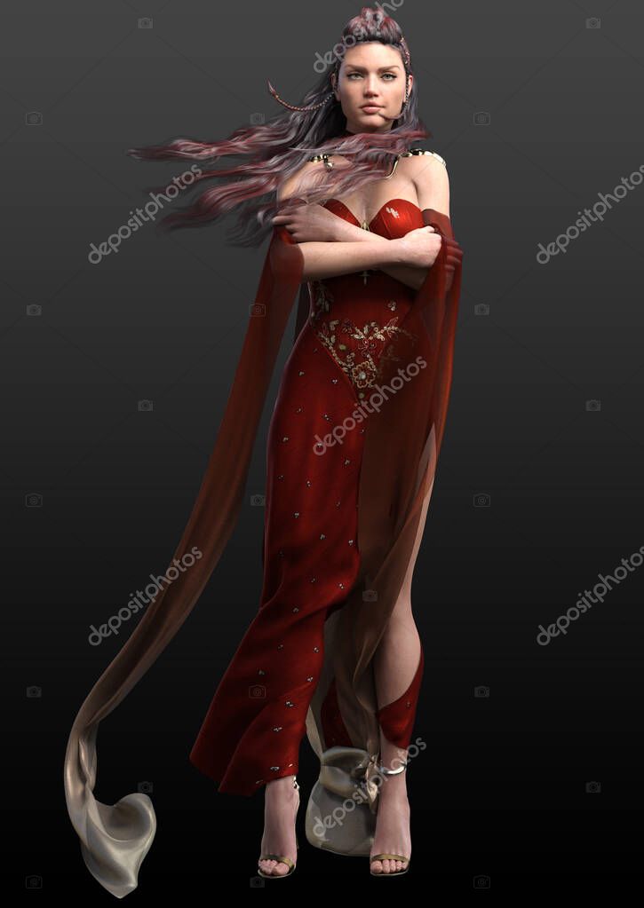 Ilustraci n 3D de la hermosa y atractiva princesa de fantas a en vestido rojo de fantas a largo ...