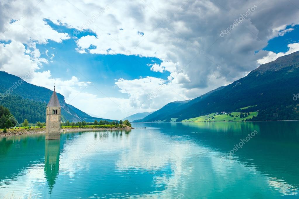 Bell tower of the Reschensee (Resia) South Tyrol Italy — Stock Photo ...