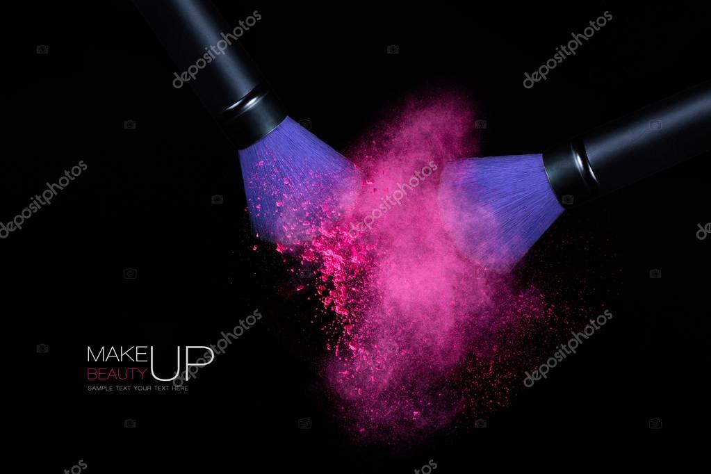 Color Explosion with Makeup Brushes Applying Powder. Isolated on ...