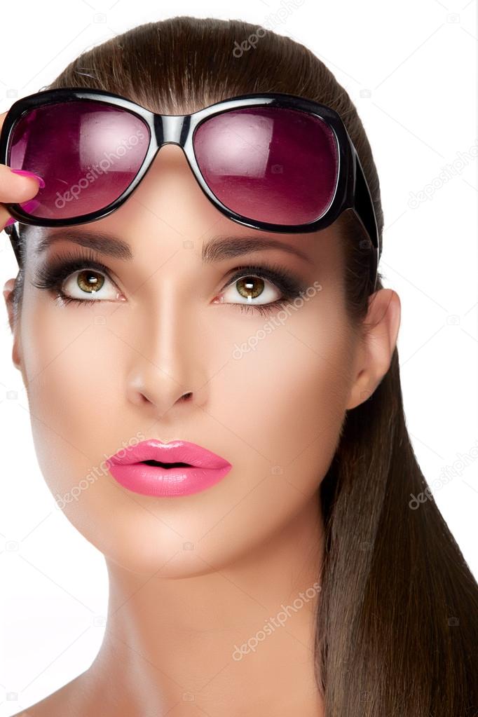 Beautiful Model in Red Violet Shades Looking up. Bright Makeup a ...