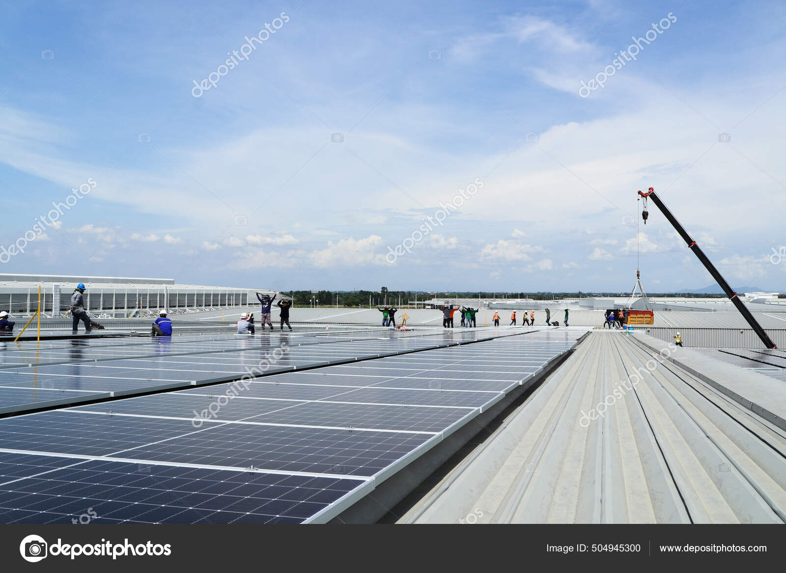 Crane Uploading Solar Panels Roof Installation Workers Stock Photo by ...