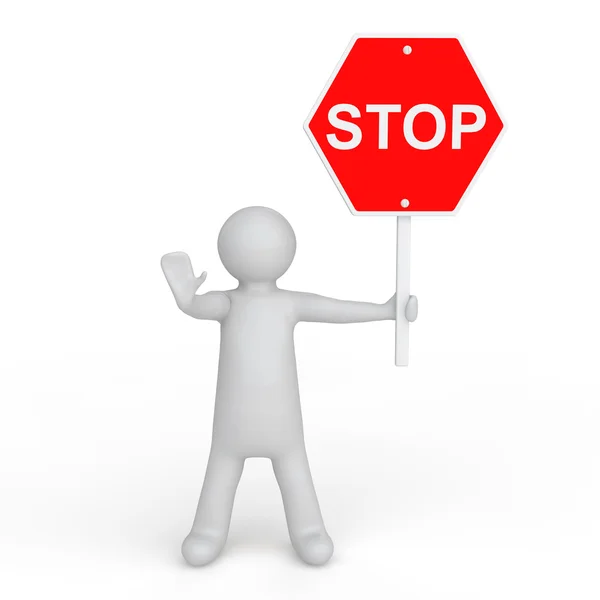 3d man showing stop gesture and holding stop sign over white background ...