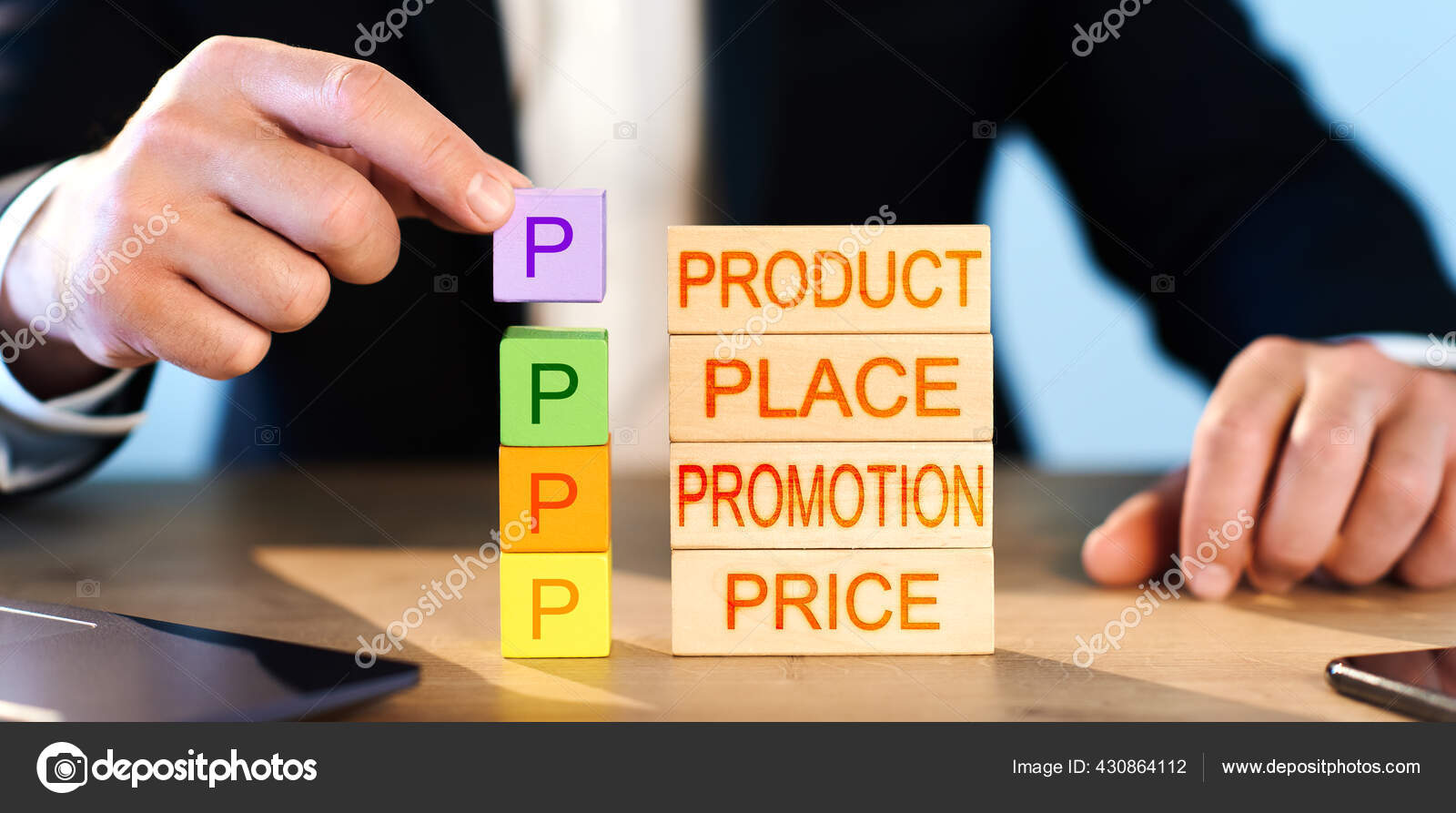 Marketing Man Folds Wooden Blocks Words Product Place Promotion Price ...