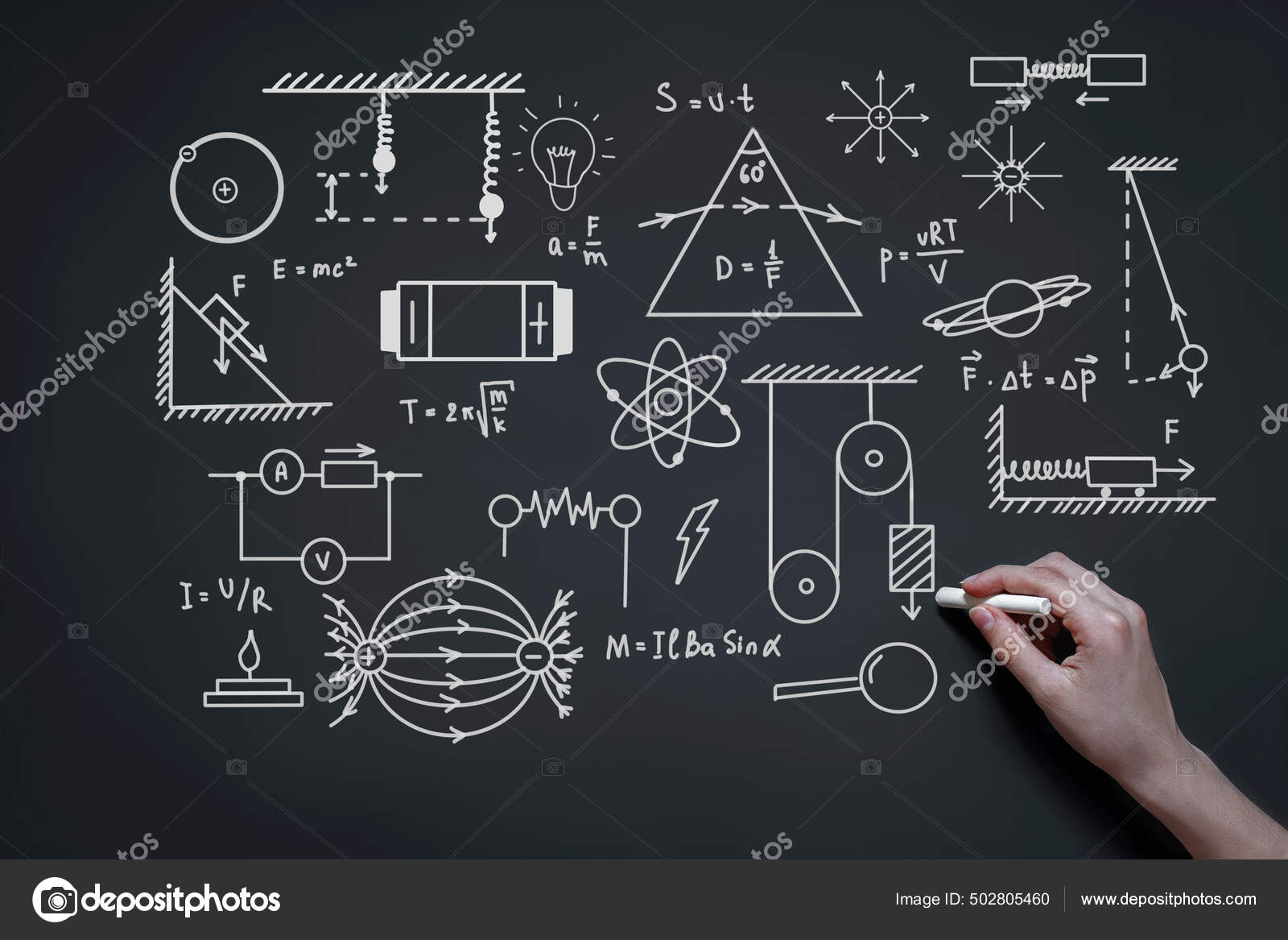 Hand Writes Chalk Blackboard Formulas Graphs Draws Diagrams Concept ...