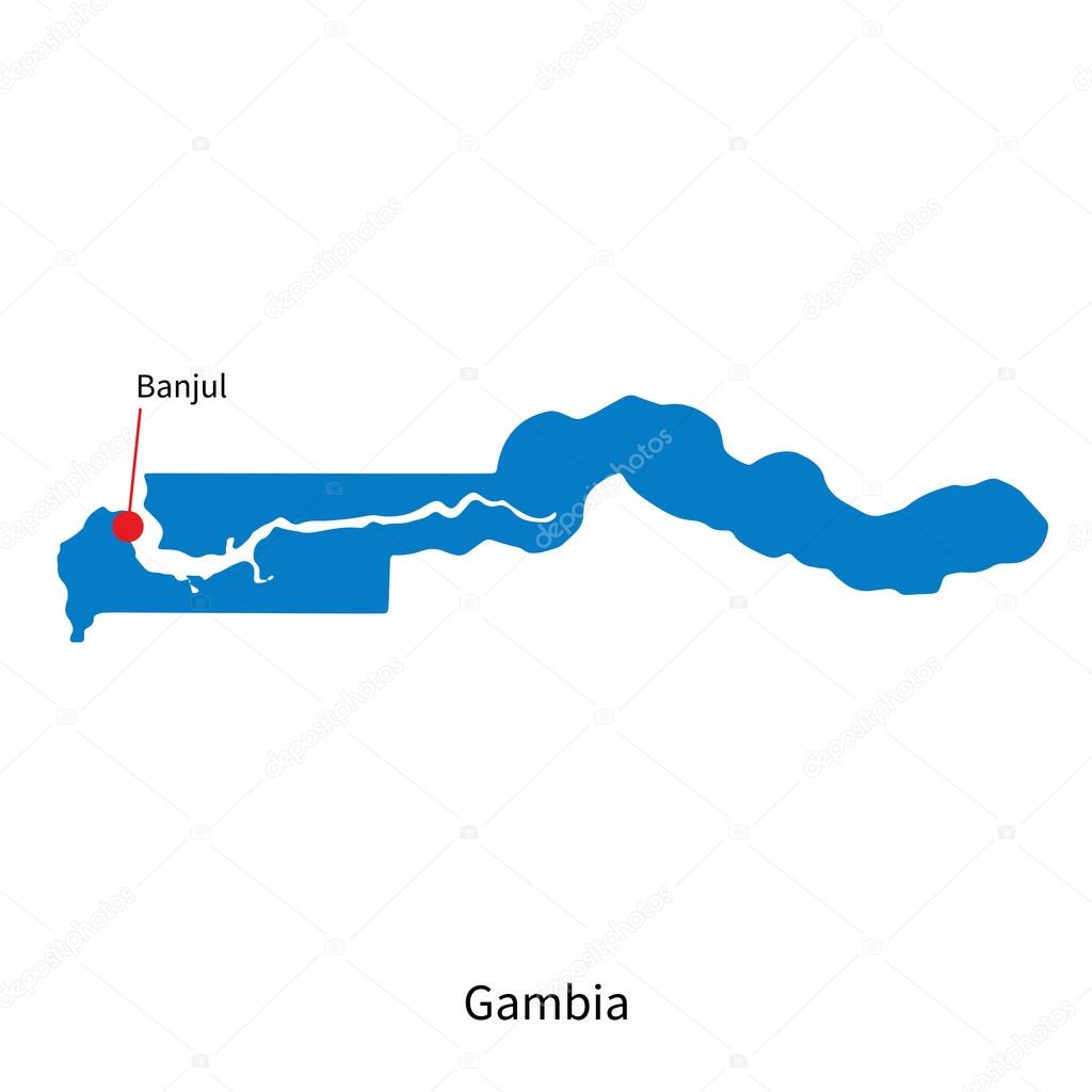 Mapa vectorial detallado de Gambia y capital Banjul Vector de stock por ...