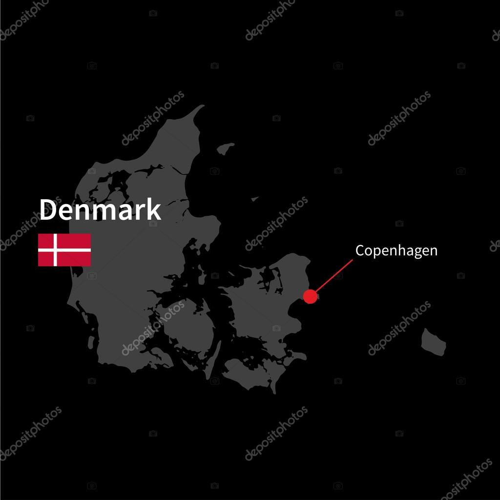 Detailed map of Denmark and capital city Copenhagen with flag on black background Stock Vector ...