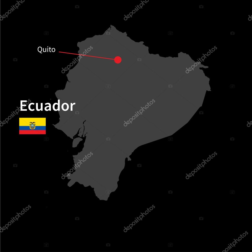 Mapa detallado de Ecuador y capital Quito con bandera sobre fondo negro ...