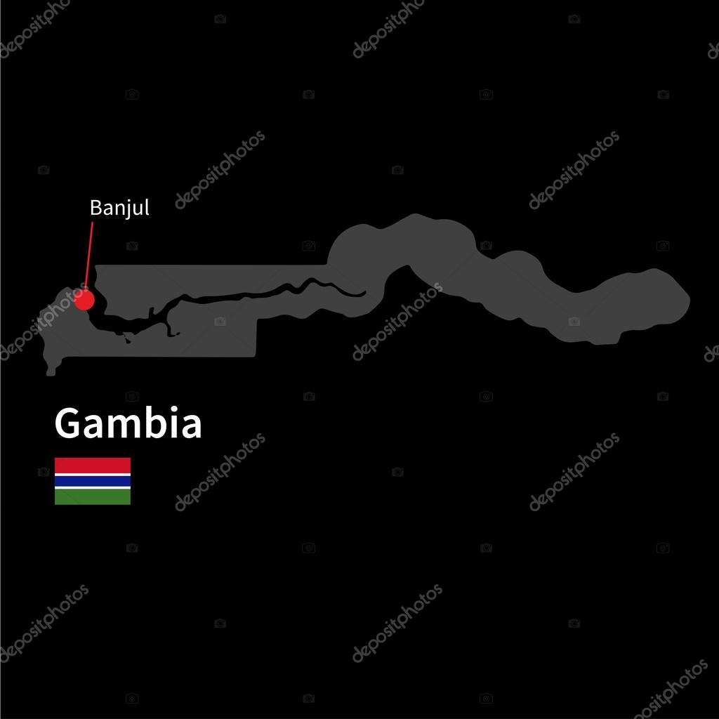 Detailed map of Gambia and capital city Banjul with flag on black ...