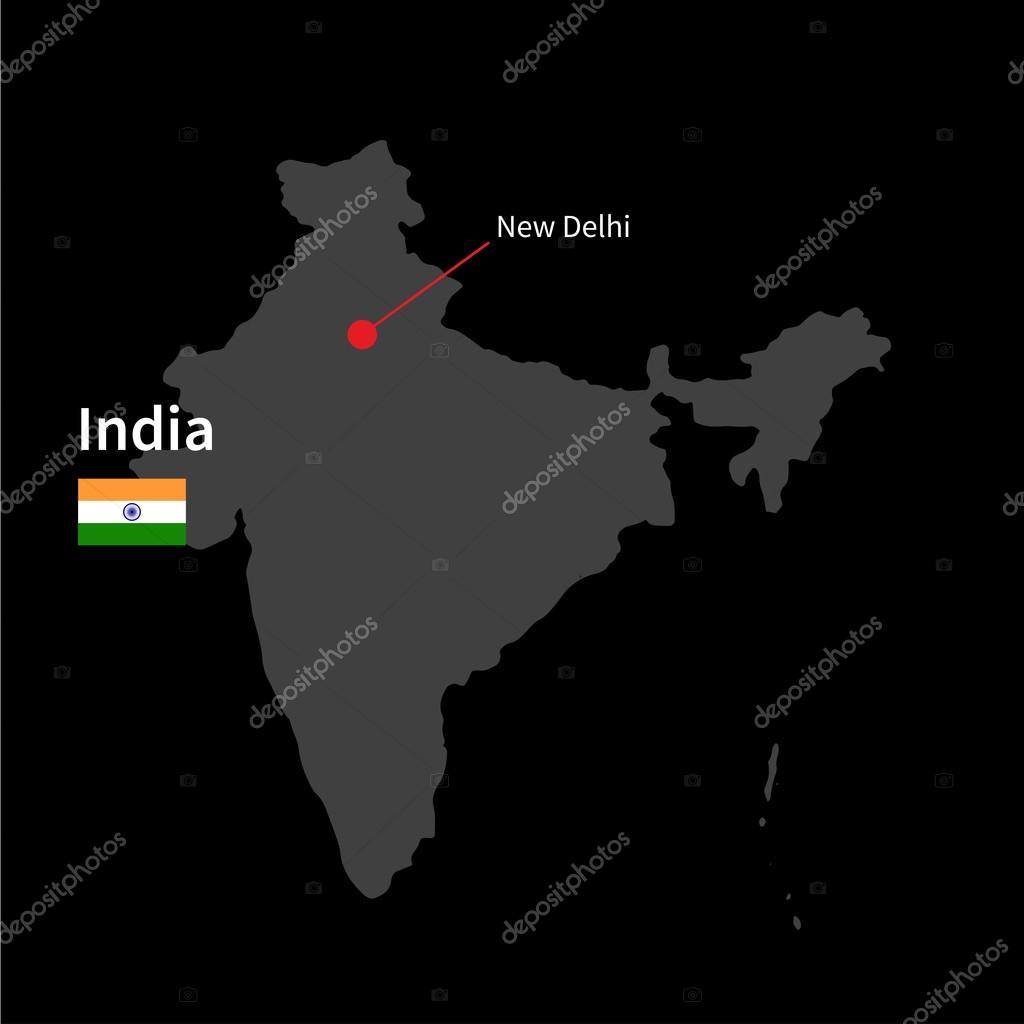 Detailed map of India and capital city New Delhi with flag on black ...