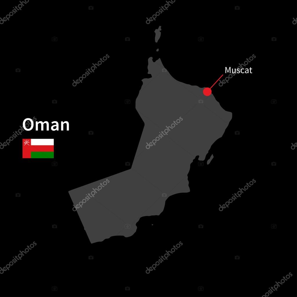 Detailed map of Oman and capital city Muscat with flag on black ...