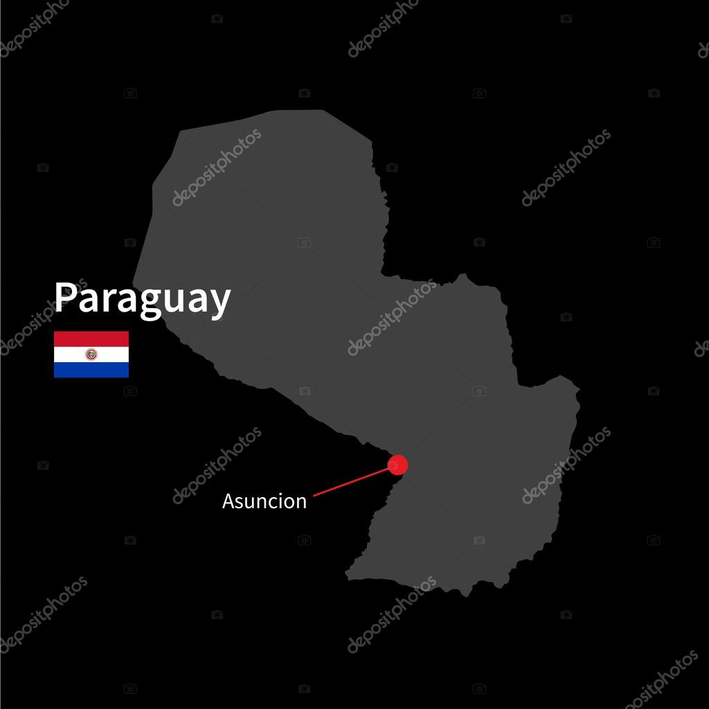Detailed map of Paraguay and capital city Asuncion with flag on black ...