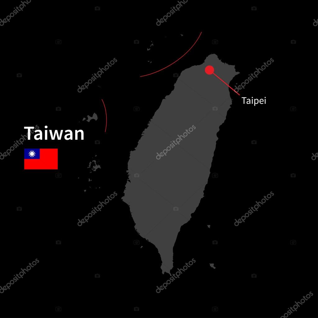 Detailed map of Taiwan and capital city Taipei with flag on black ...