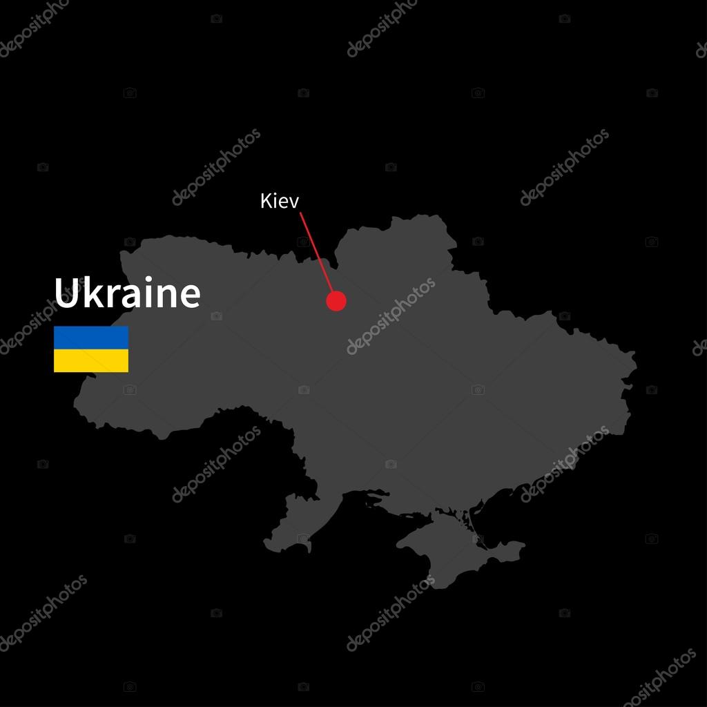 Mapa detallado de Ucrania y capital Kiev con la bandera sobre el fondo ...