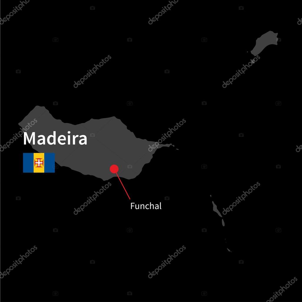Detailed map of Madeira and capital city Funchal with flag on black ...