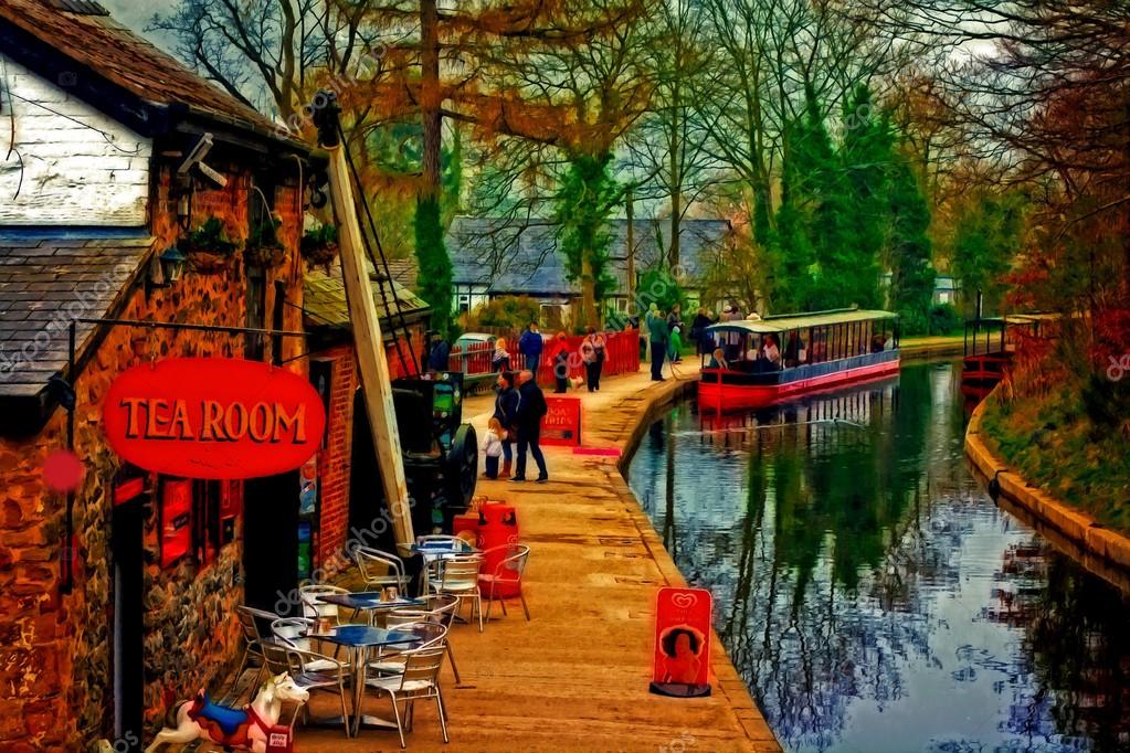 A digitally converted painting of a canal barge in Llangollen North ...