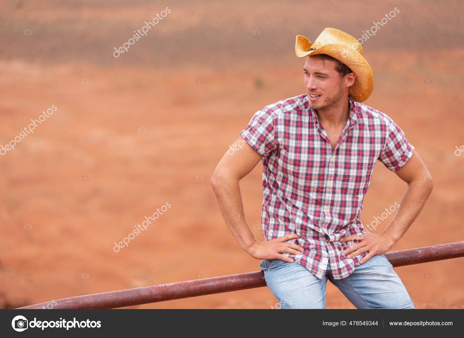Cowboy farmer man in country side looking away at desert land ...