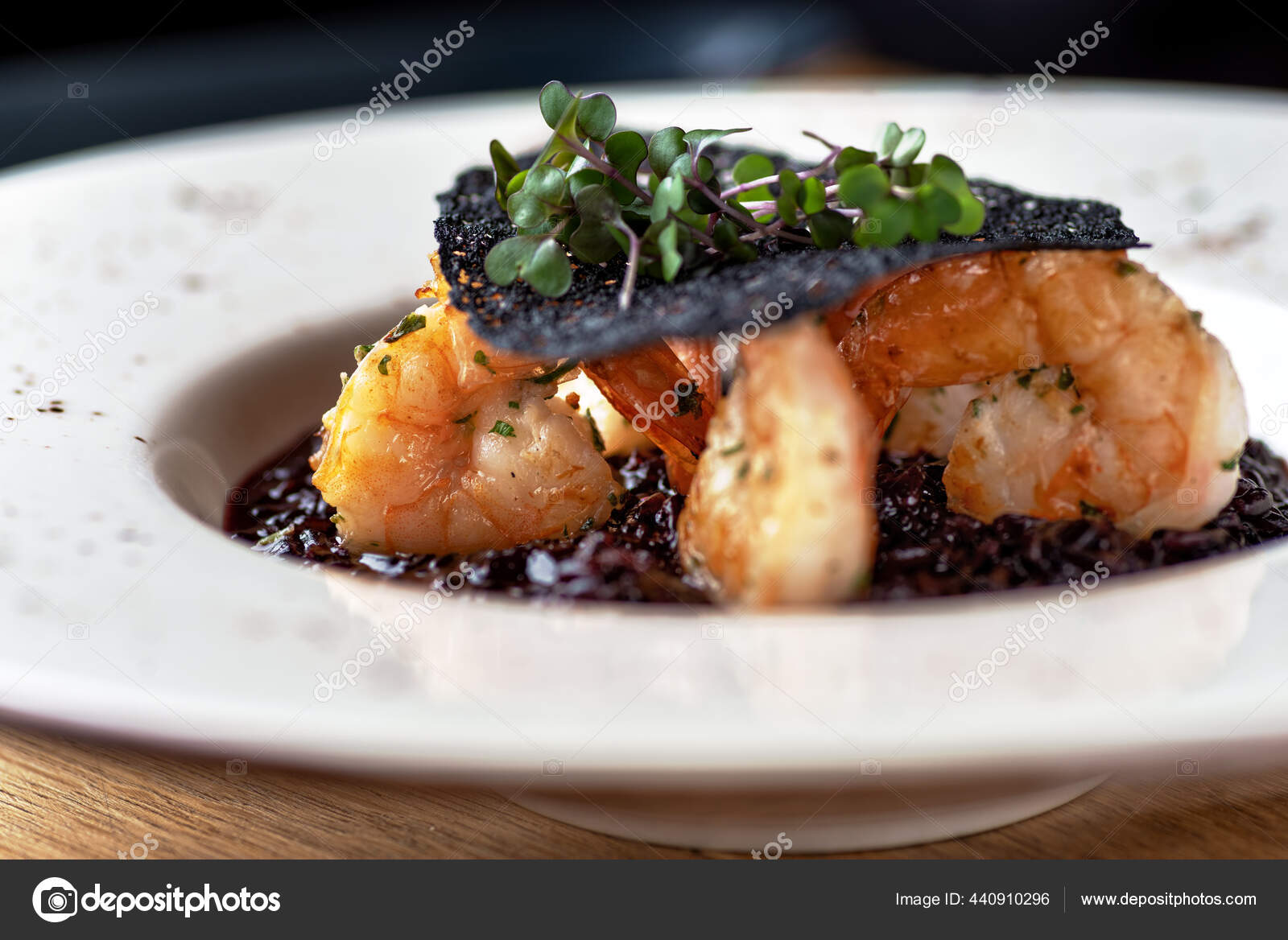 Black Rice Risotto Shrimp Risotto White Plate Table Serving Restaurant ...