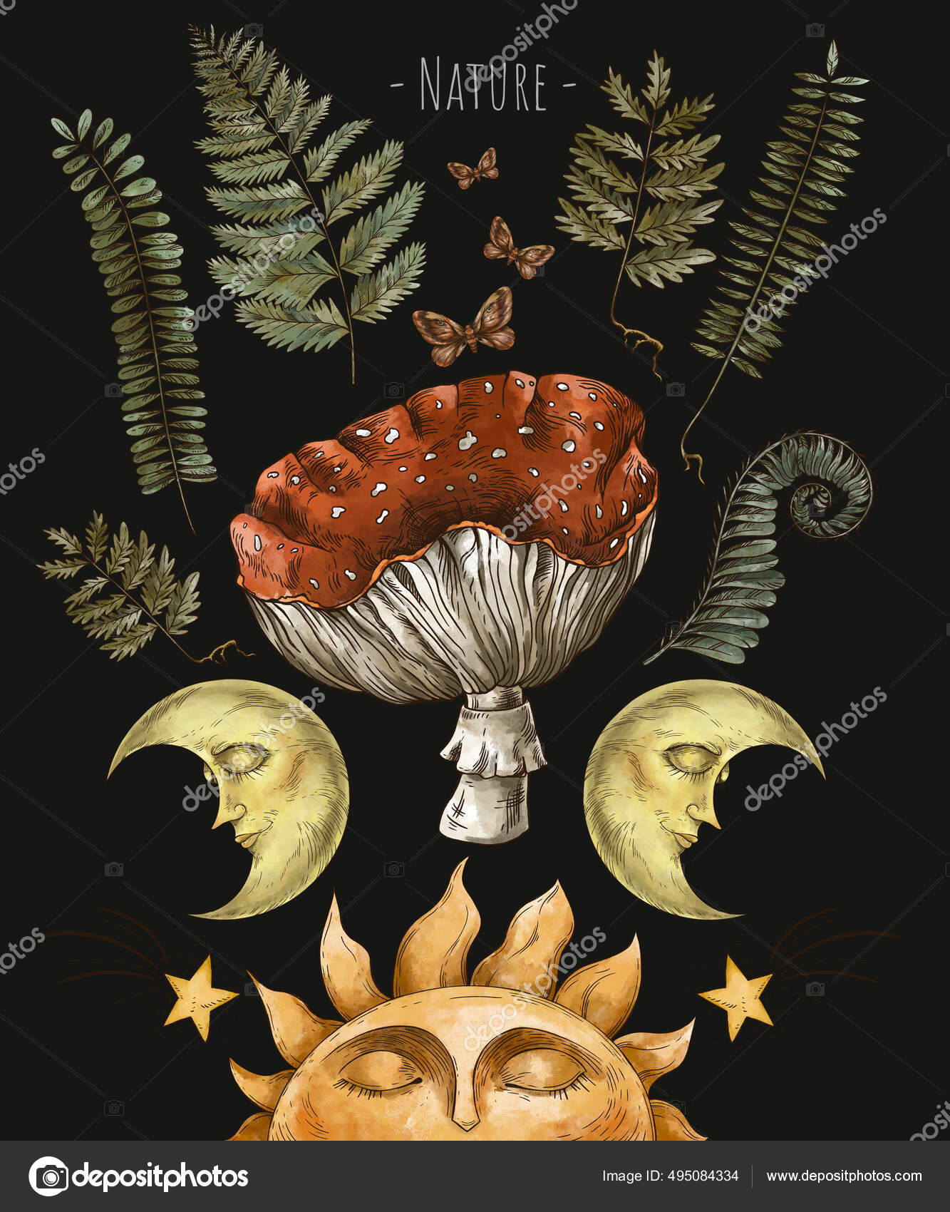 Vintage Magic Forest Botanical Illustration Witchcraft Art Amanita ...