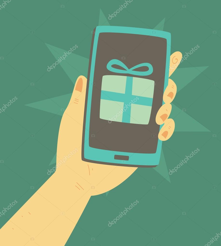 Cartoon Hand Holding a Smartphone with a Present in the Screen Stock ...