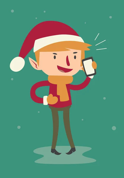 Cartoon Elf Talking on the Phone and Holding a Present Stock Vector ...