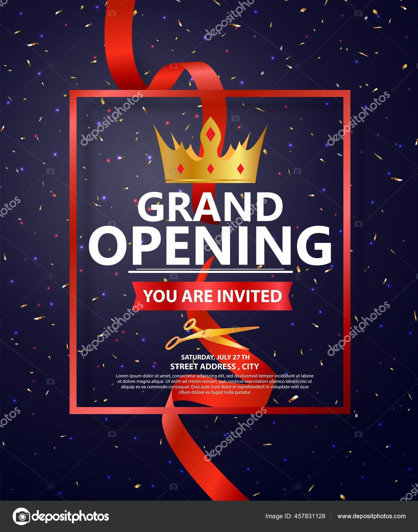 Vector Illustration Grand Opening Card Design Gold Ribbon Confetti ...
