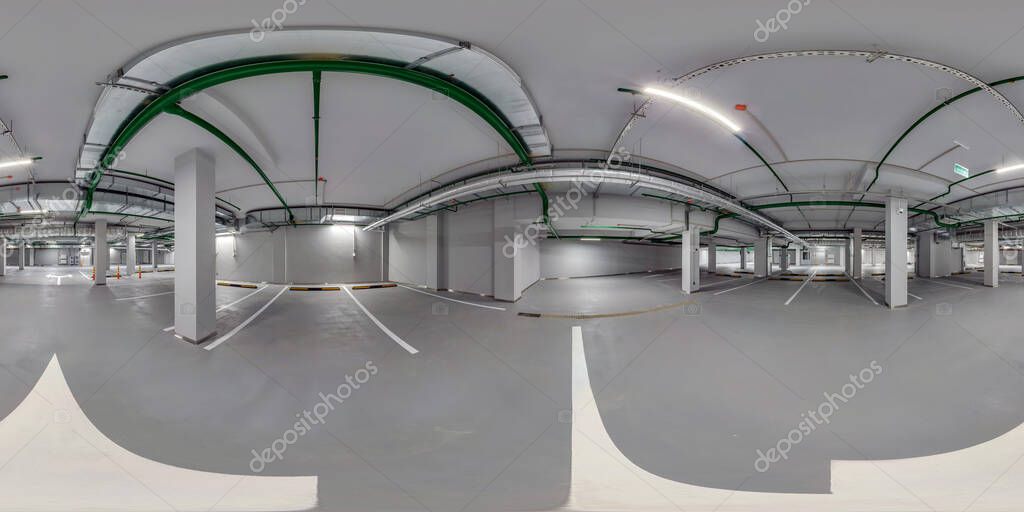 Esf rico completo hdri panorama 360 grados en garaje subterr neo vac o con columnas y marcas de ...